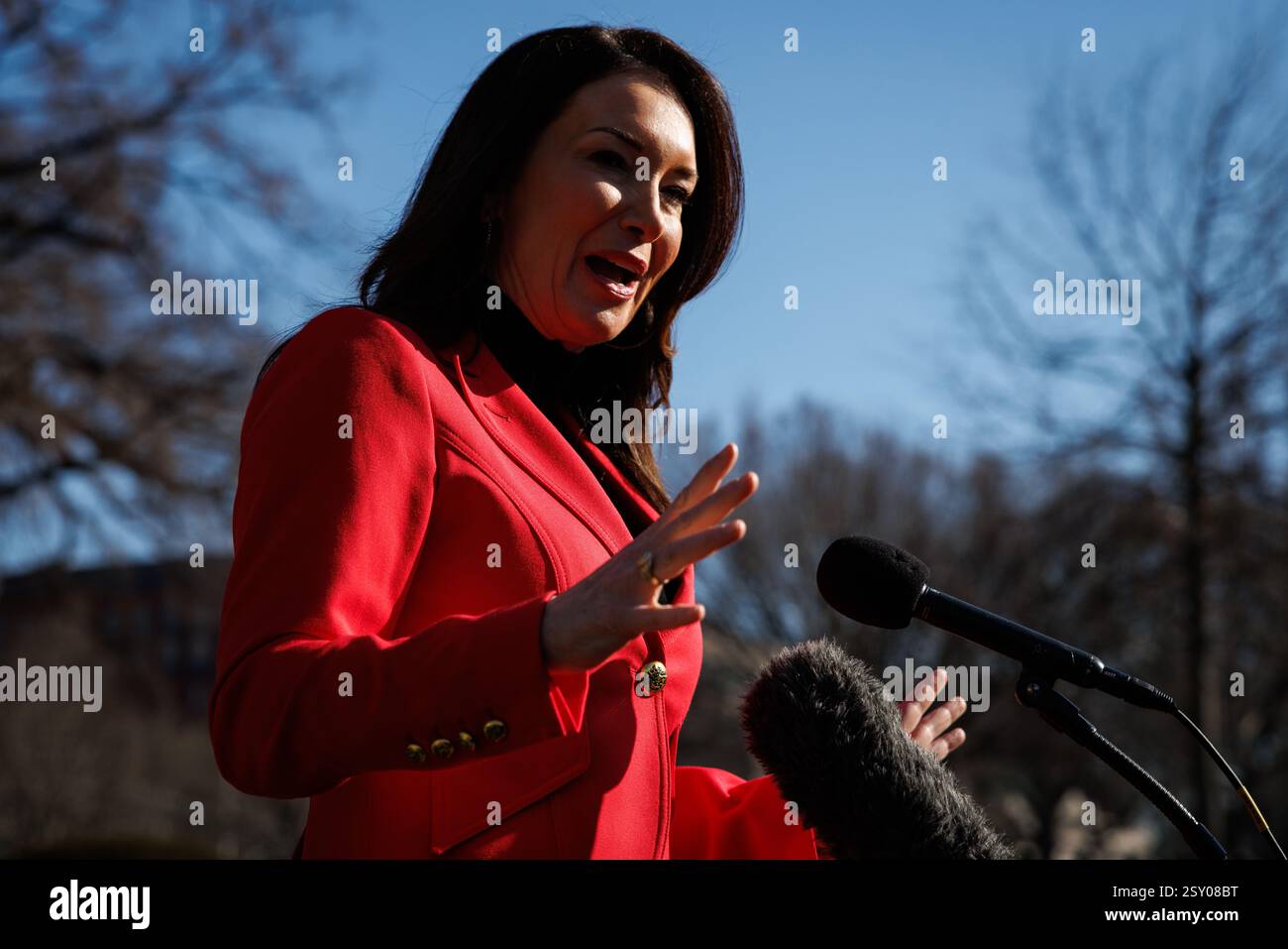 U.S. Secretary of Agriculture Brooke Rollins speaks to reporters ...