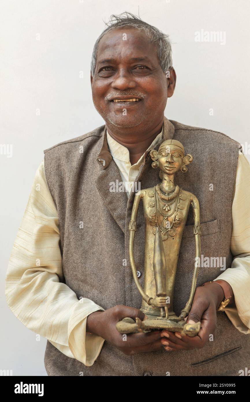 Jaidev baghel with metal statue, bastar, chhattisgarh, india, asia ...
