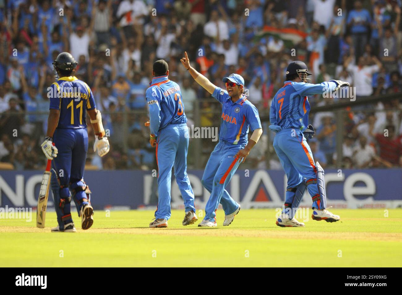 Sri Lanka captain Sangakkara bowler L Harbhajan Sing Suresh Raina M S ...