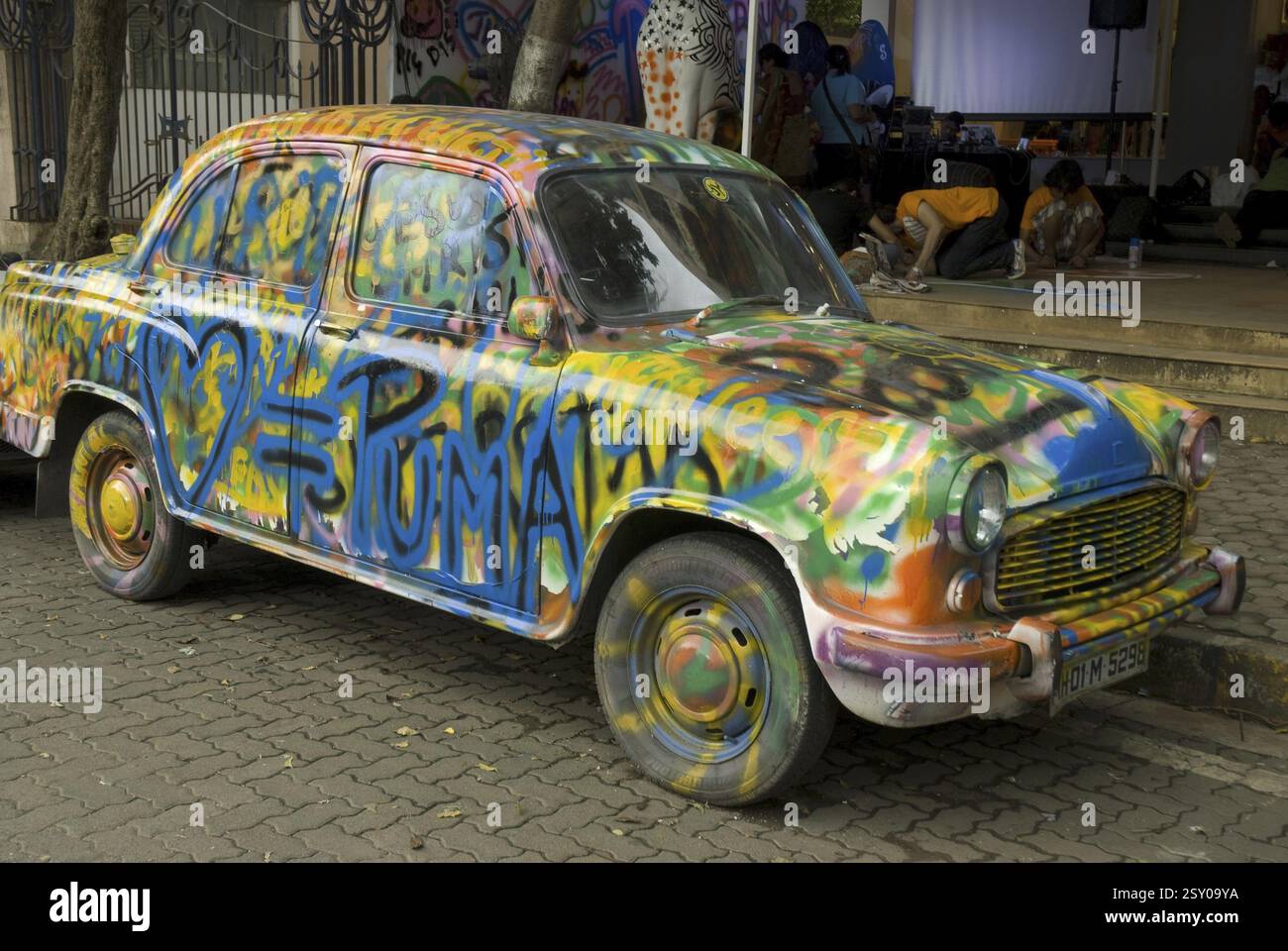 Multi colour painted ambassador car at Linking Road Khar Mumbai ...
