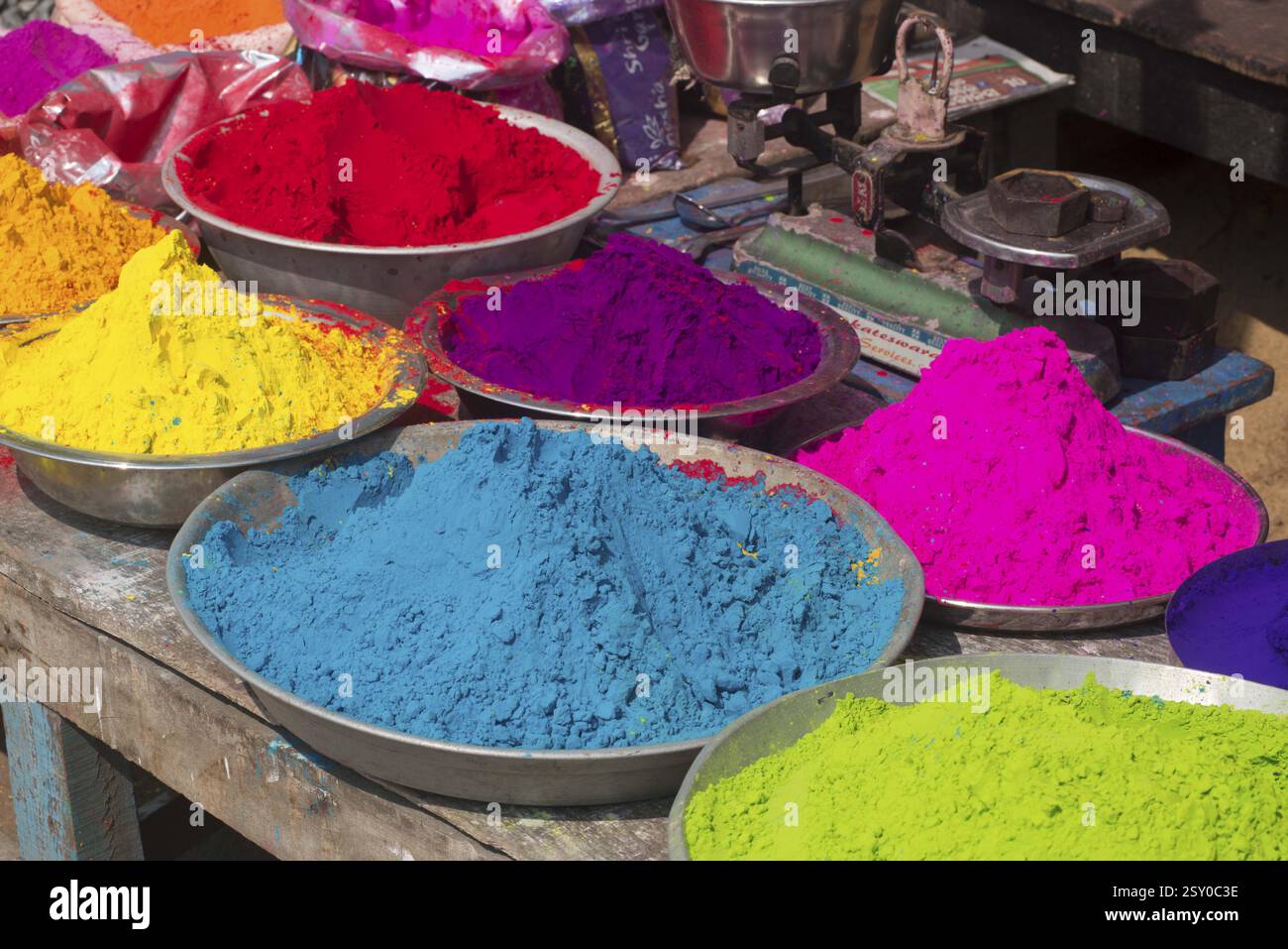 Dry colours kept for sell, holi festival, puri, orissa, india, asia ...