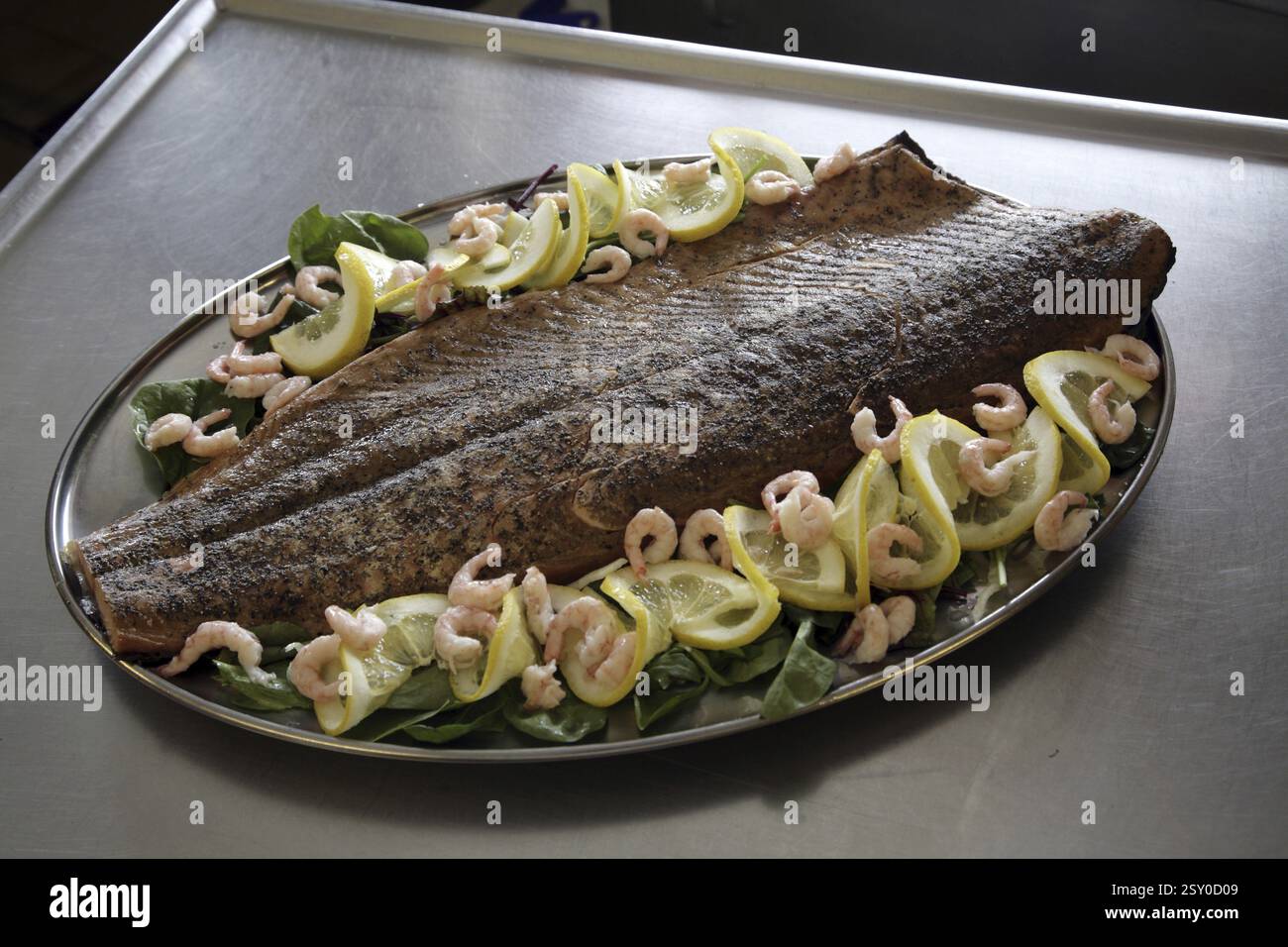 Smoked Salmon fillet garnish with prawns and lemon slices Sweden Europe ...