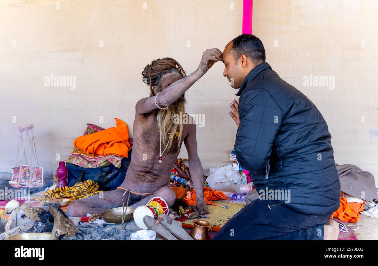 devotee seeking divine grace from naga sadhu at mahakumbh gathering ...