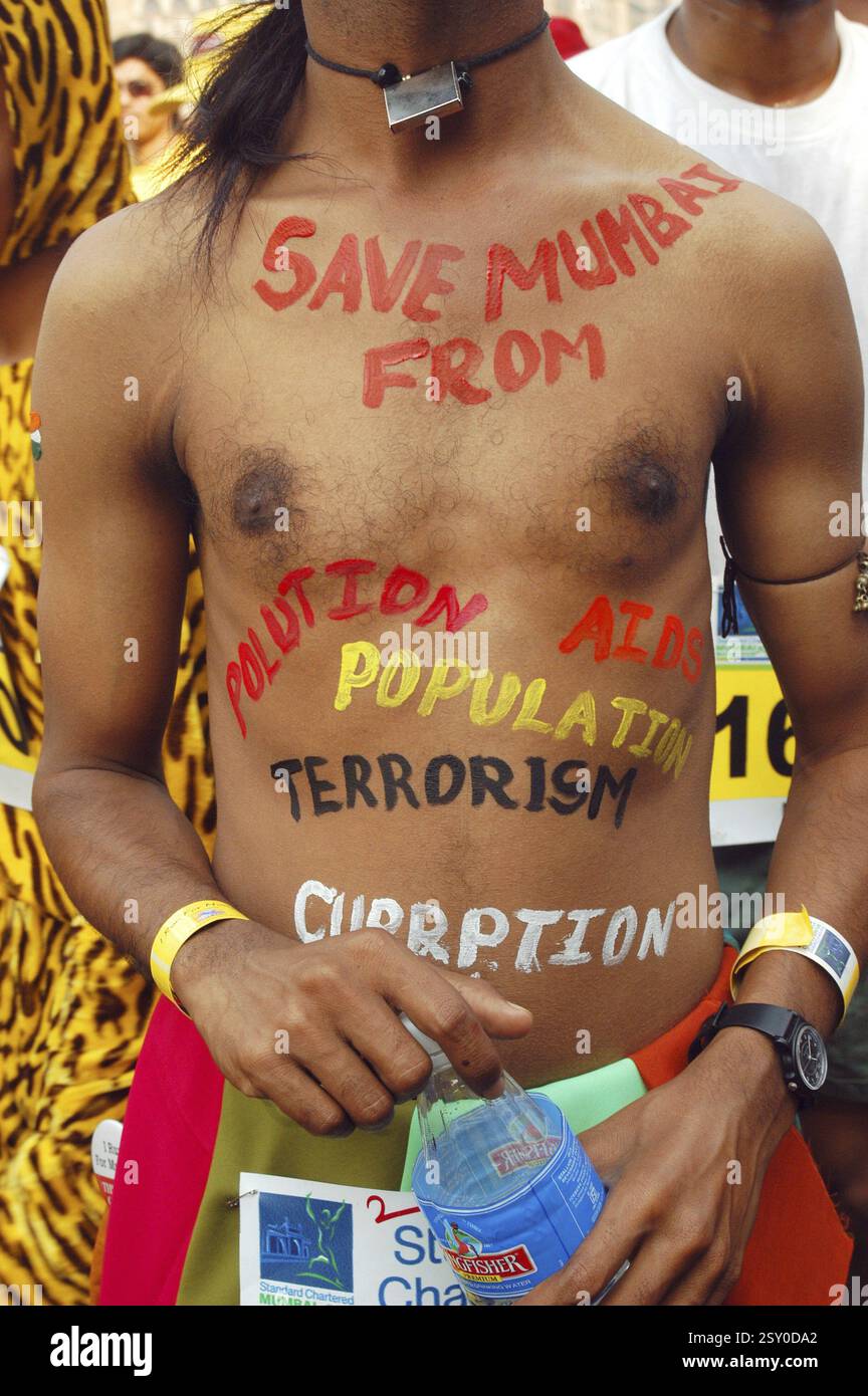 Man with messages on his body international marathon 2005 in, Bombay ...
