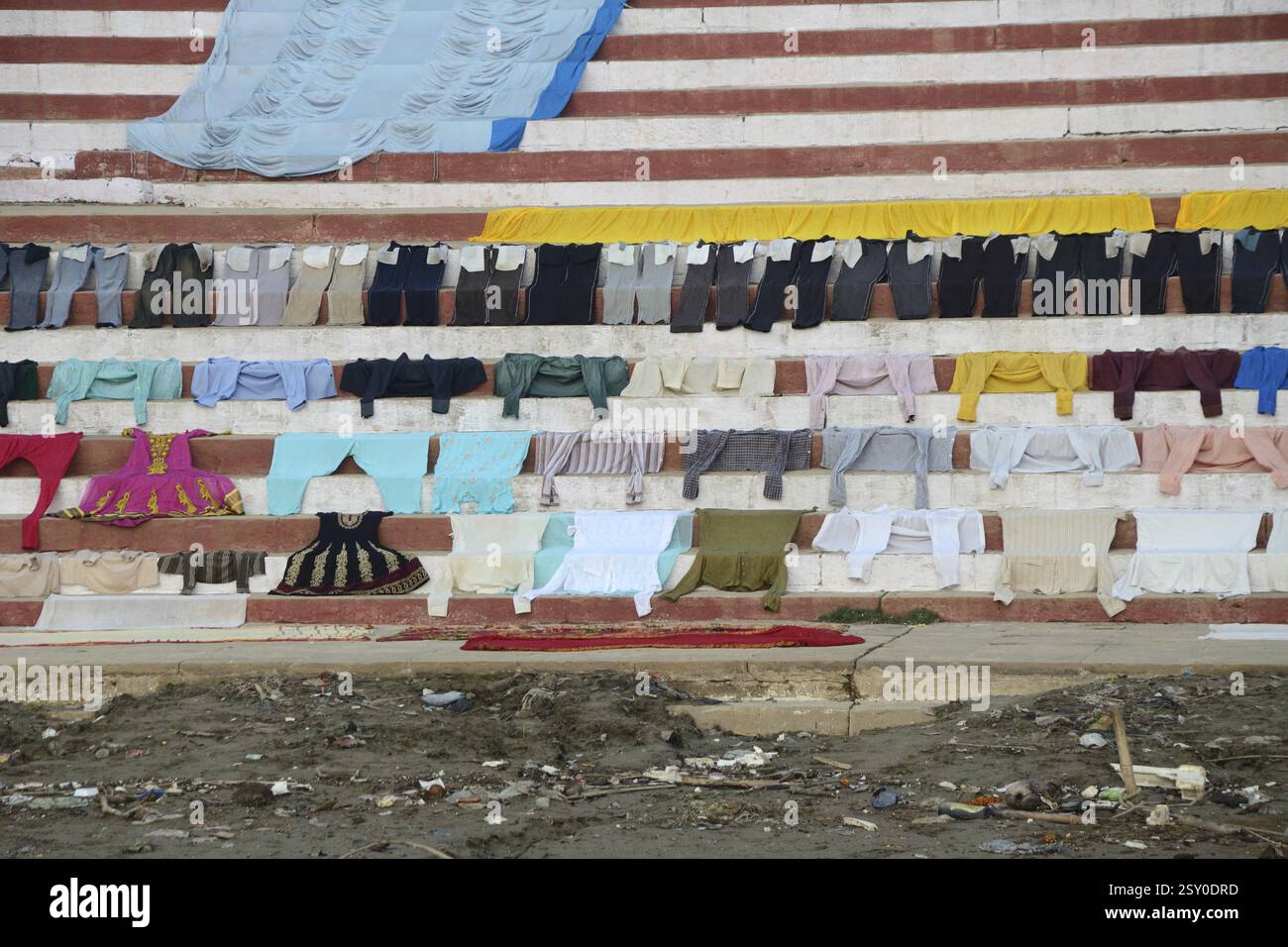 Clothes drying on steps ganga river, varanasi ghat, uttar pradesh ...