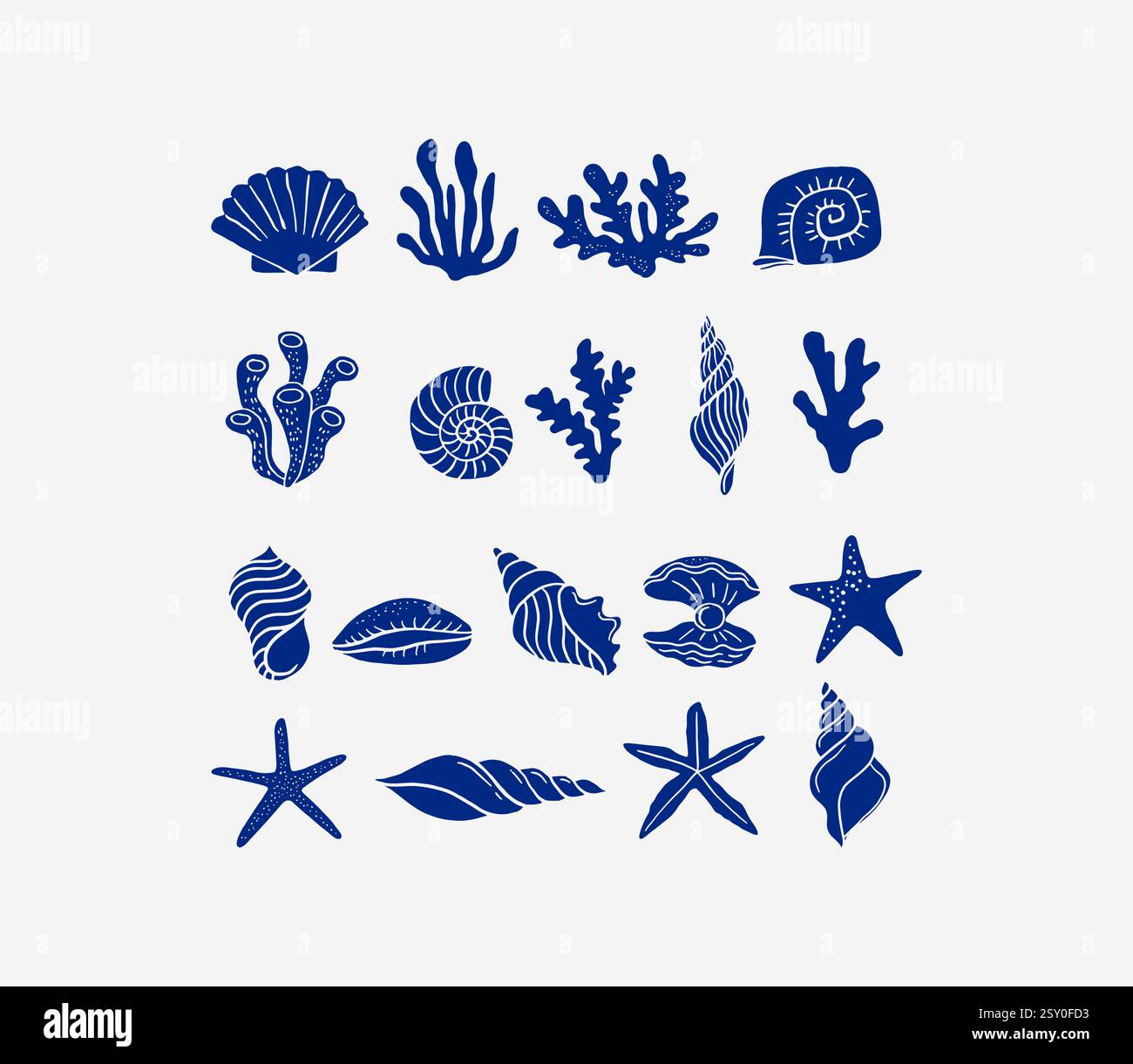 Hand drawn underwater sea life icons, minimalist blue abstract design ...