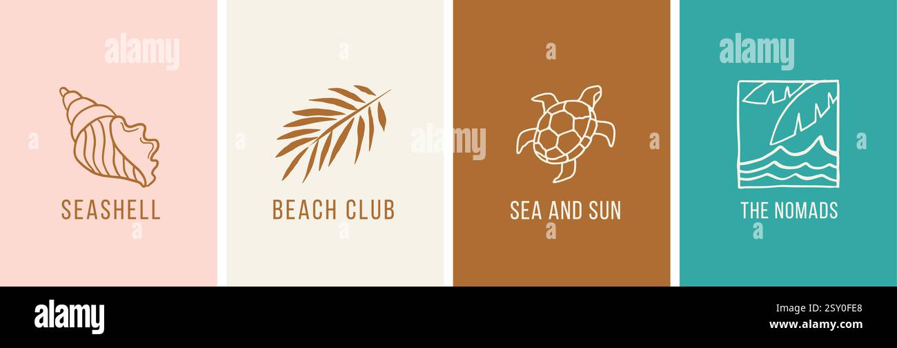 Hand drawn linear logos, icons and symbols, sea, ocean, beach and ...