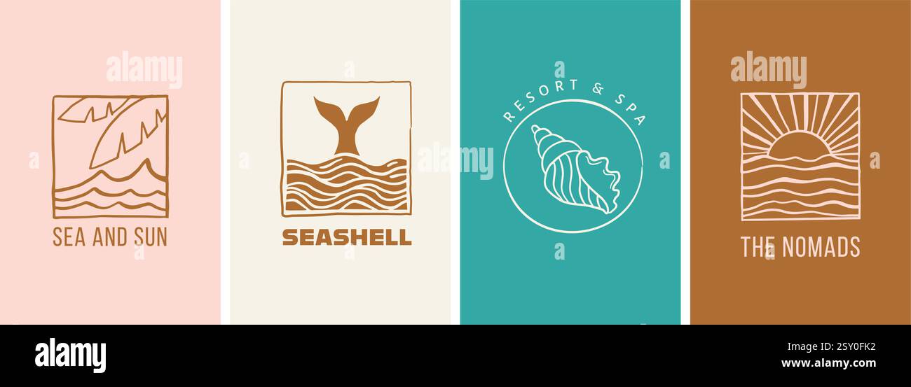 Hand drawn linear logos, icons and symbols, sea, ocean, beach and ...