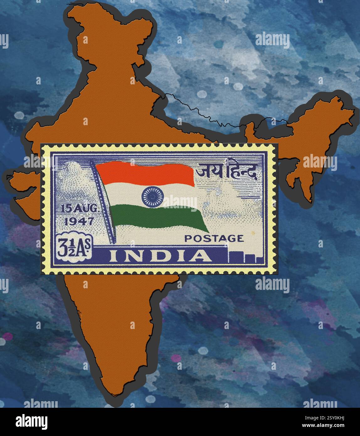 India map with first postage ticket, asia Stock Photo - Alamy