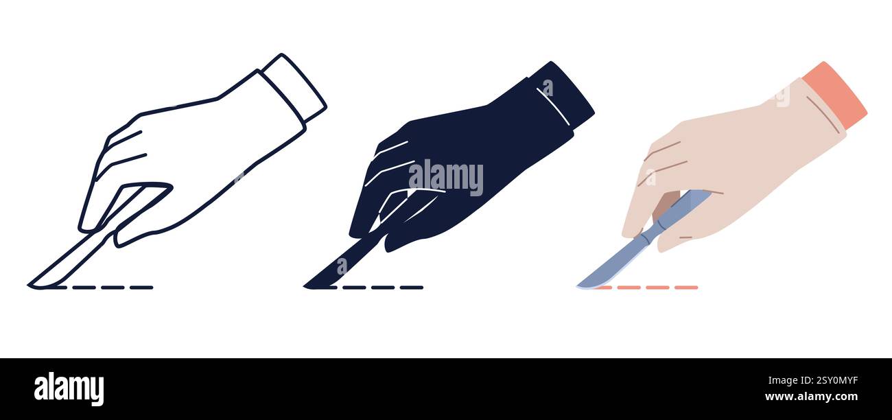 Hands with scalpel. Black silhouette and line icon. Professional ...