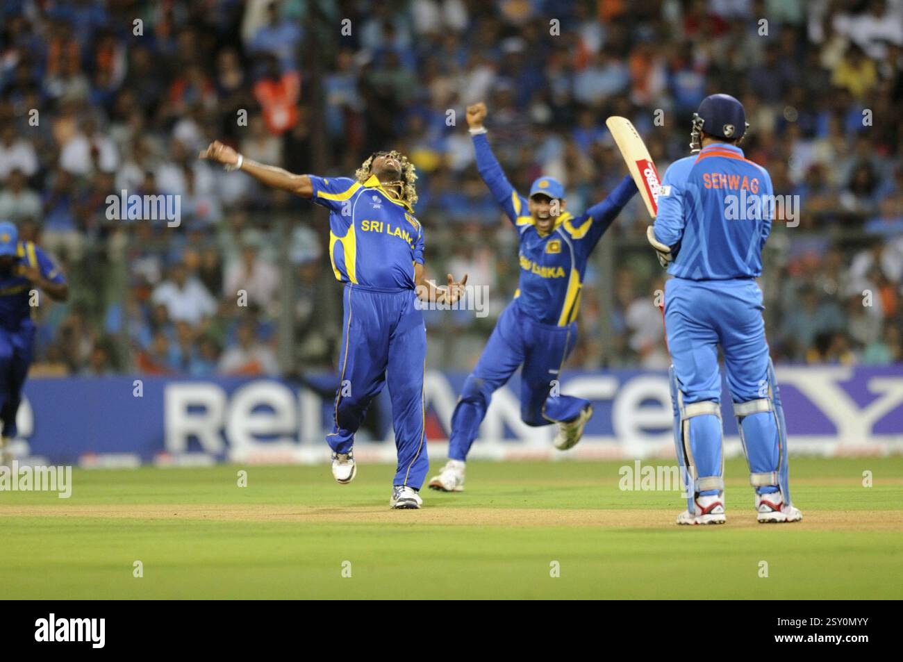 Sri Lankan bowlercelebrate wicket batsman Virendra Sehwag R 2011 ICC World Cup Final Wankhede ...