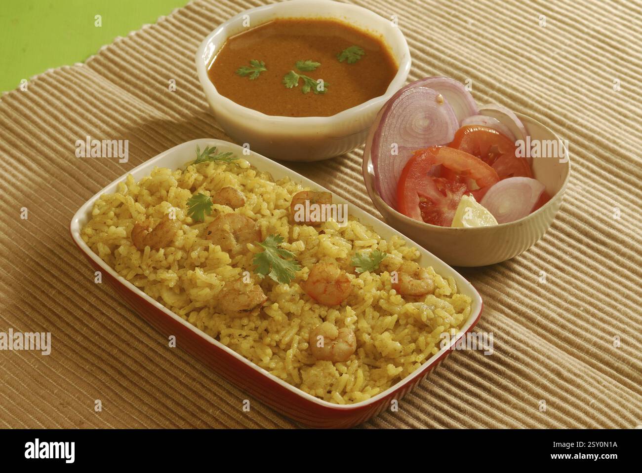 Indian Non veg food prawn fried rice with salad and curry Stock Photo ...