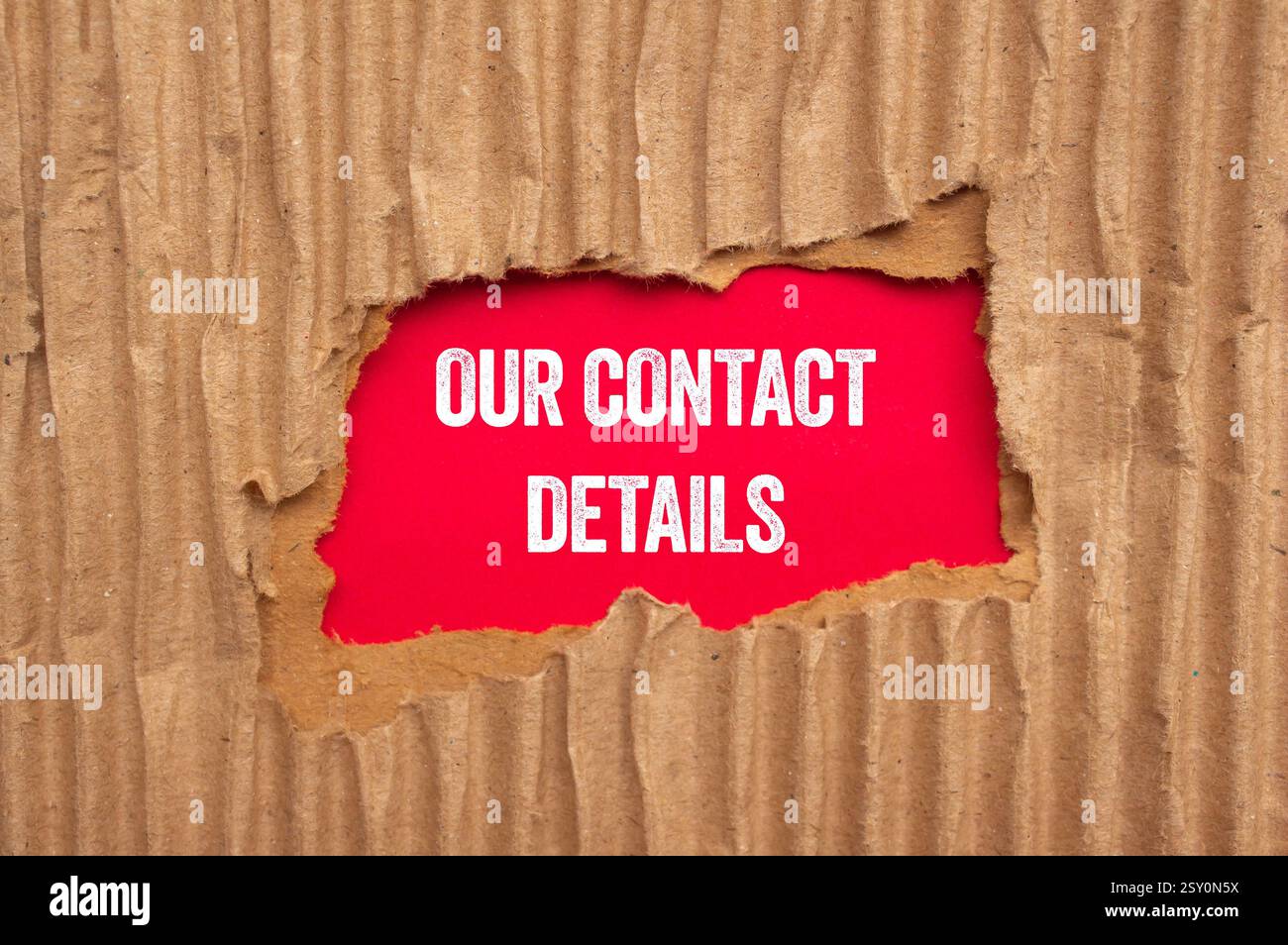 Our contact details message written on ripped torn cardboard paper on red background. Conceptual ...