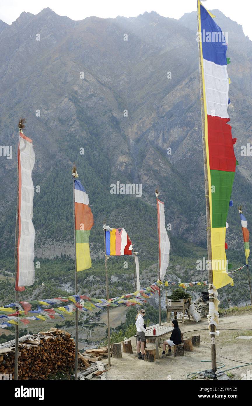 Holy flag, Upper Pisang, Nepal, Asia Stock Photo - Alamy