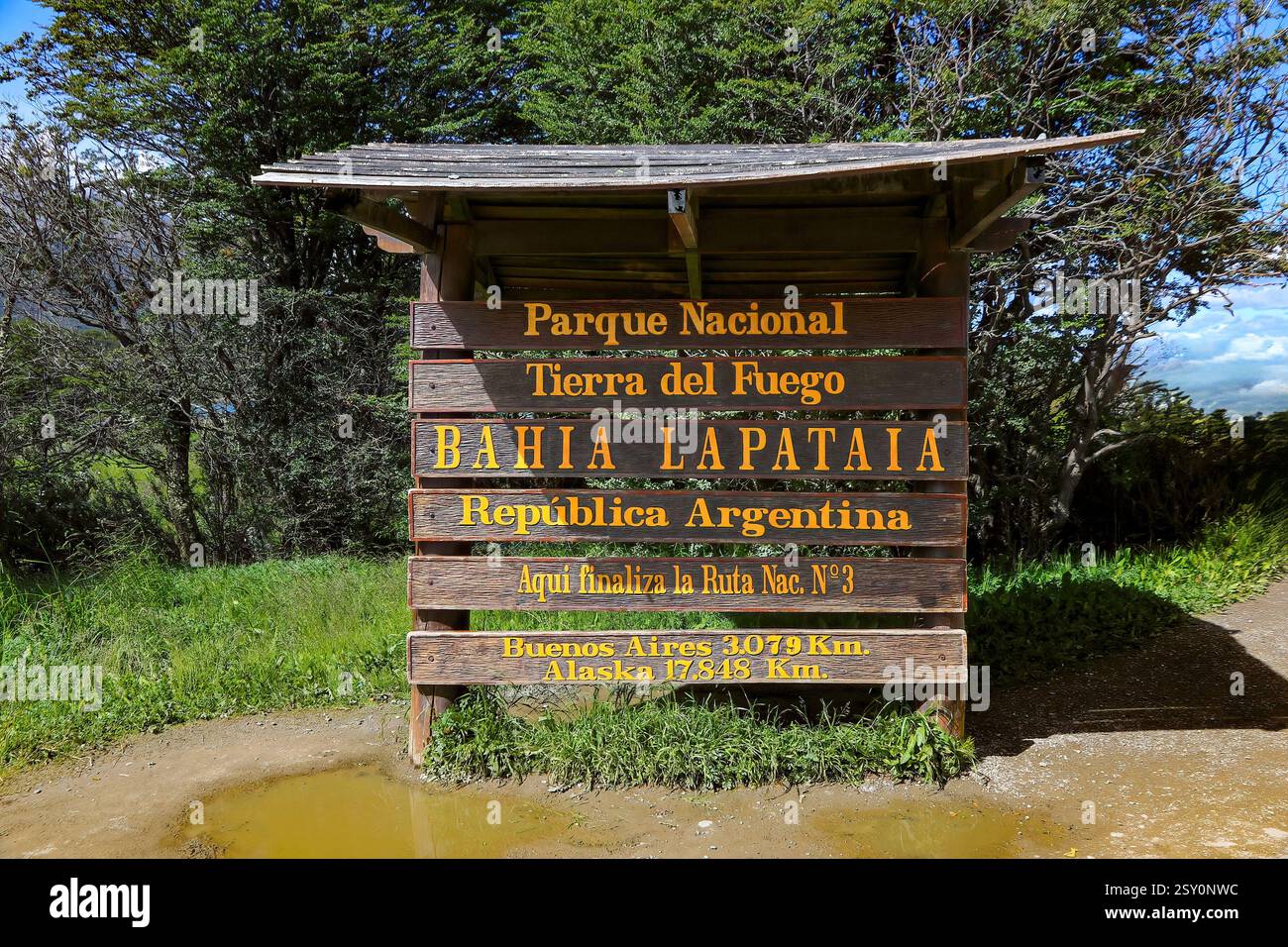 Welcome sign to the Bahia Lapataia (Lapataia lagoon) in the Tierra del Fuego National Park - It ...