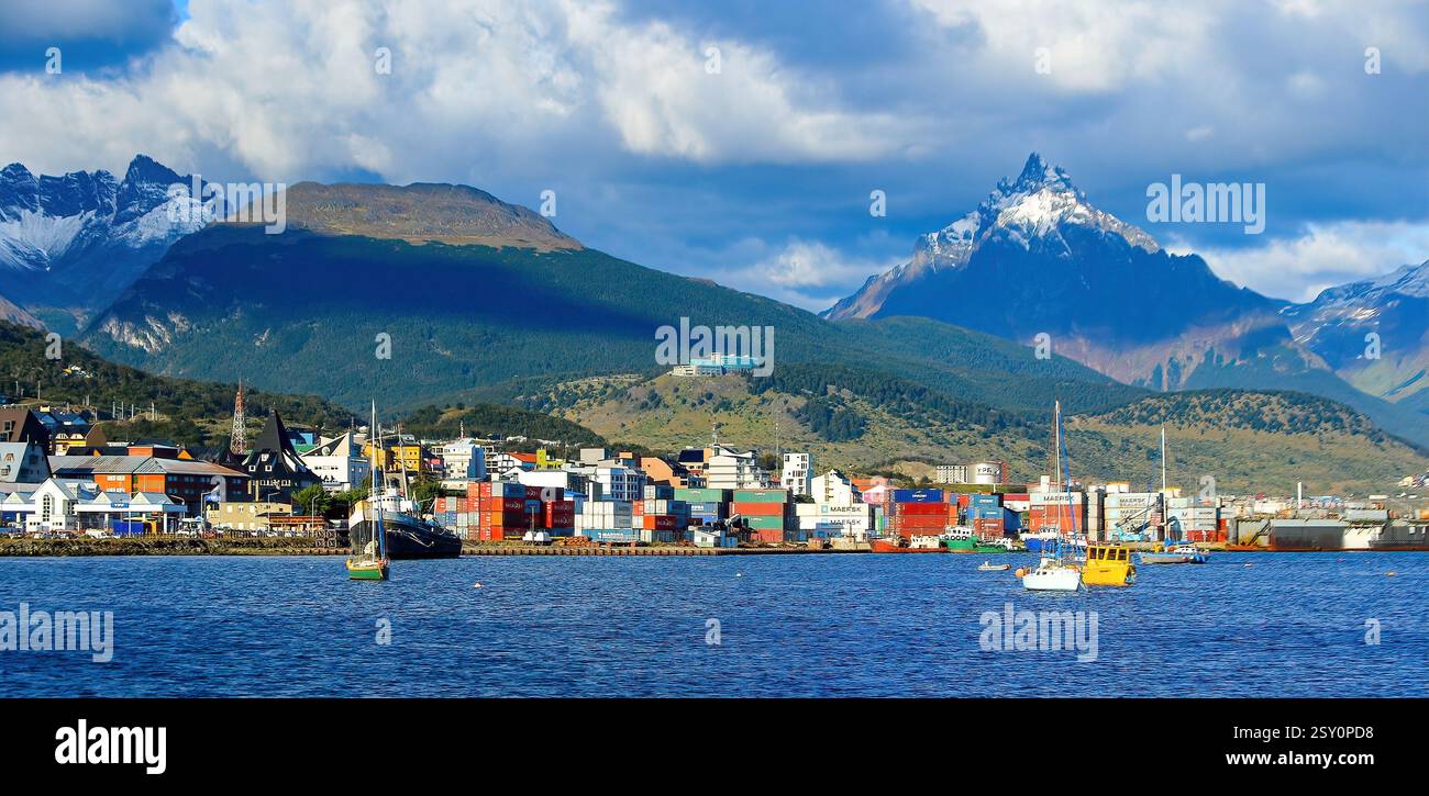 Commercial port of Ushuaia on a shore of the Beagle Channel. This is ...