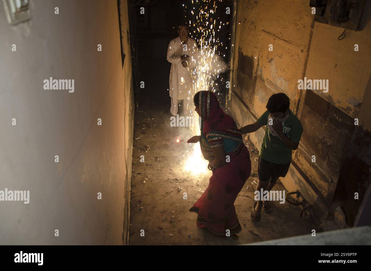 A Mother and Son Running Away from Crackers on the Occasion of Diwali ...