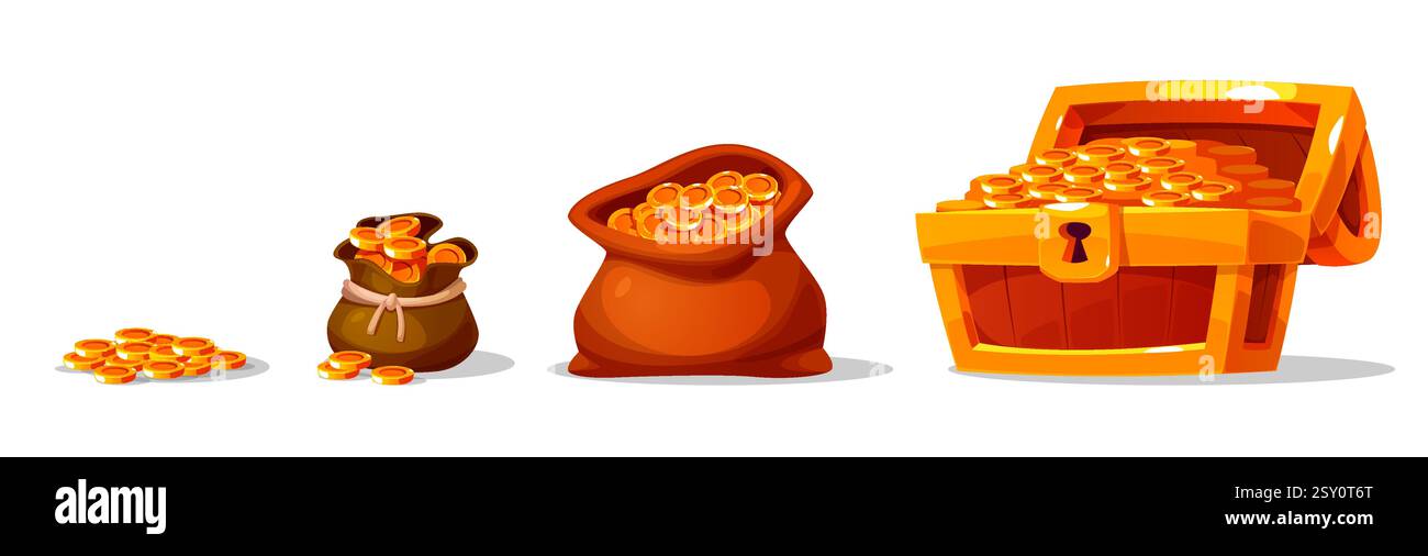 Different ways to store gold coins. Wooden chest, packet and stack with ...