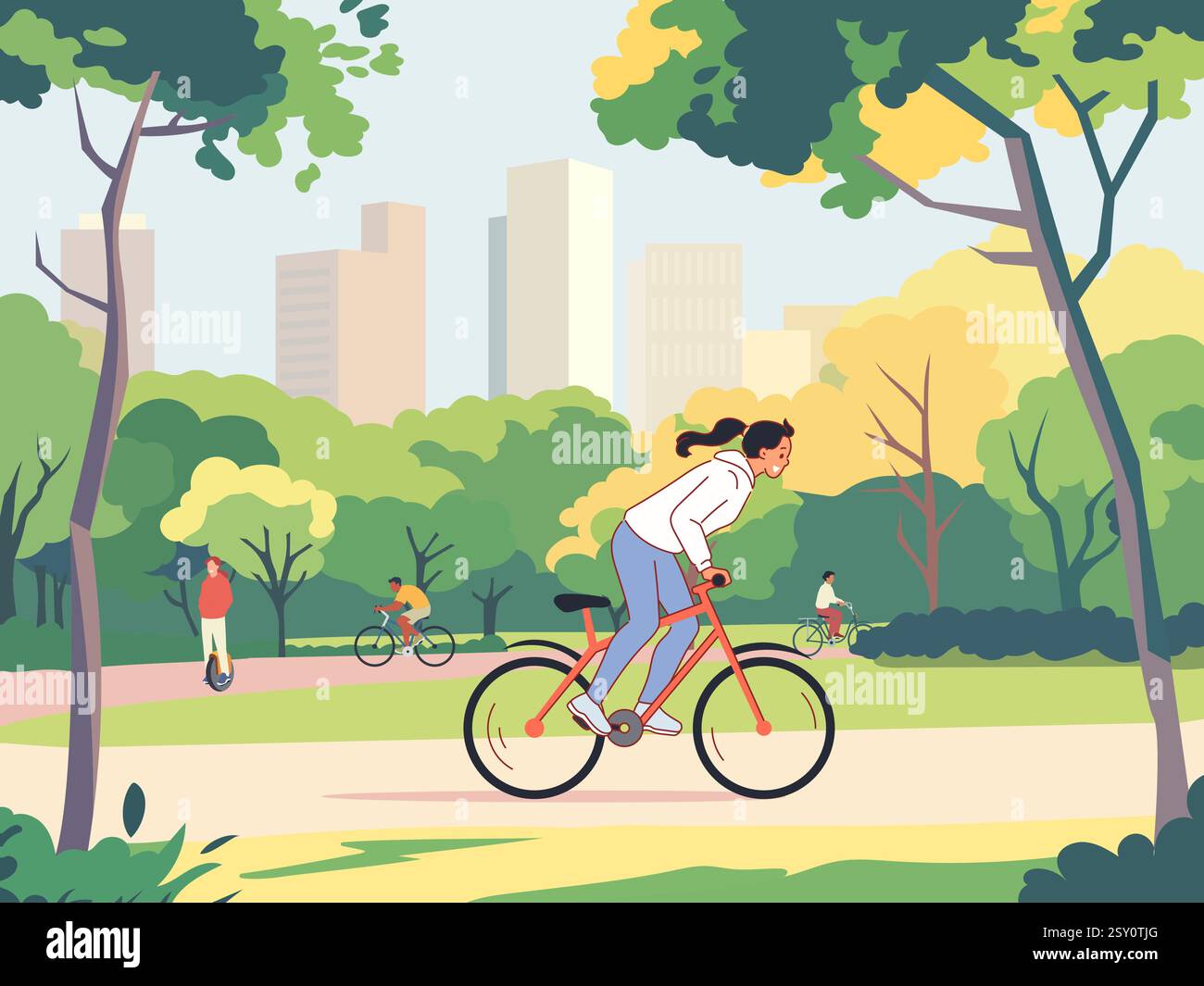 Cyclists in nature. Funny people cycling in city park, outdoor ...