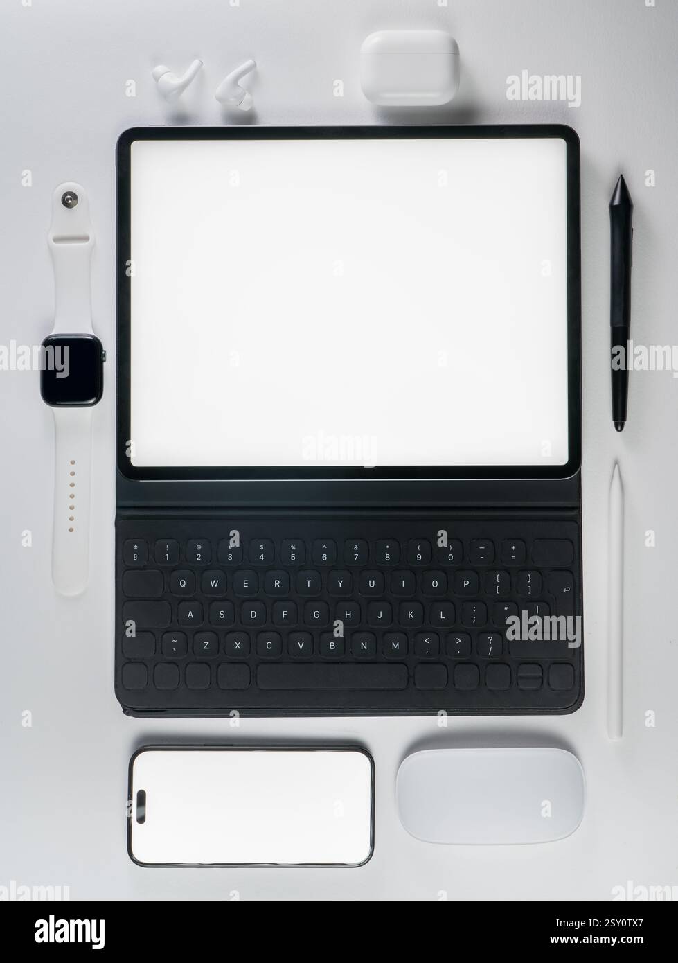 office table electronic devices from above empty screen mockup latpop ...