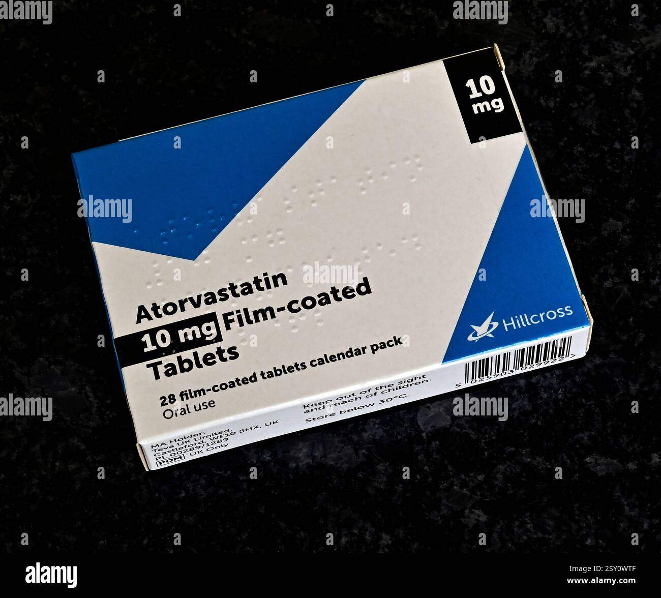 Photograph of a pack of Atorvastatin tablets. 10mg Film-coated. 28 film ...