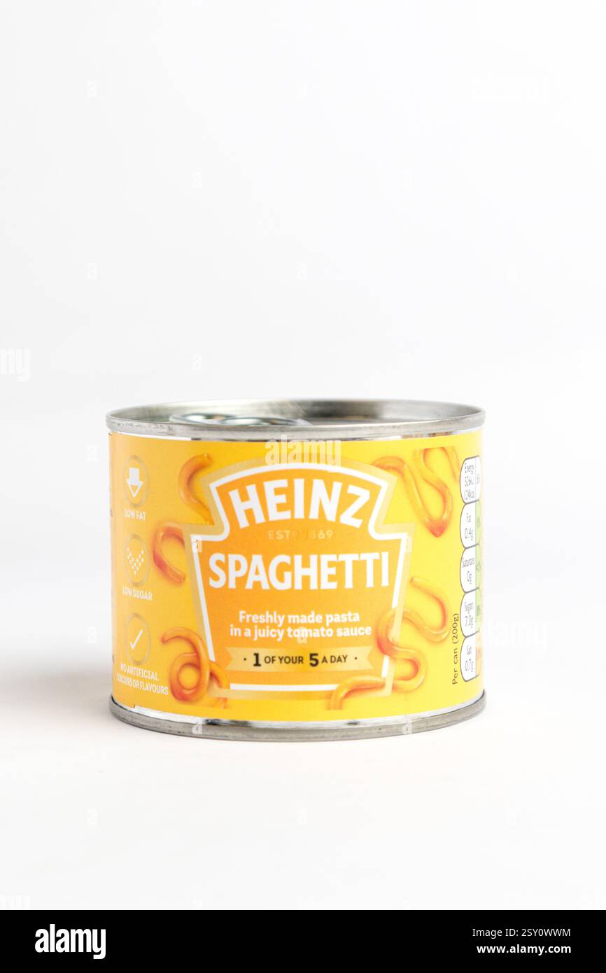 London, United Kingdom, 24th Febuary 2025 :- A Small Tin of Heinz Spaghetti. Studio Shot Against ...