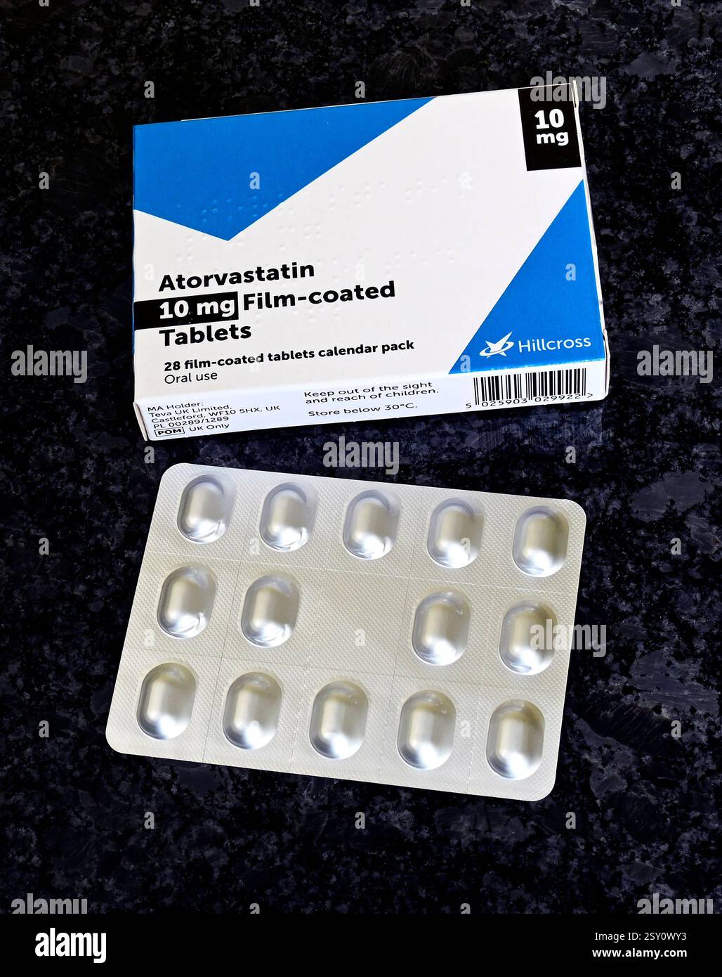 Photograph of a pack of Atorvastatin tablets. 10mg Film-coated. 28 film ...