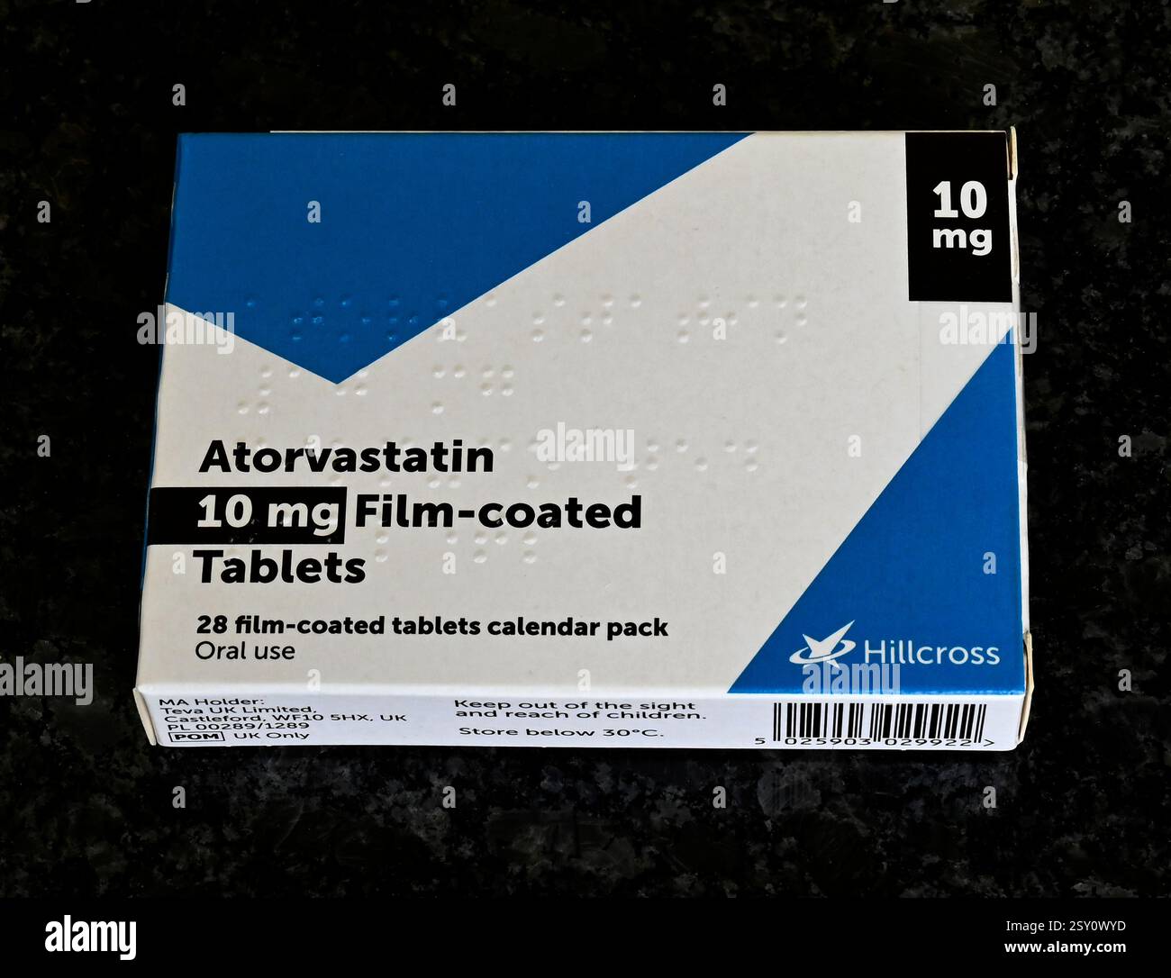 Photograph of a pack of Atorvastatin tablets. 10mg Film-coated. 28 film ...