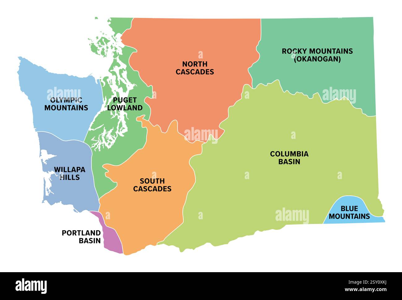 Washington State, land areas, multi colored map. The nine geologic ...