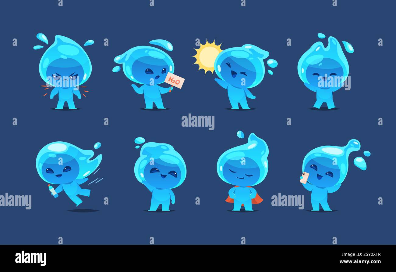 Cartoon water drop character. Funny face, kids mascot, clear liquid man ...