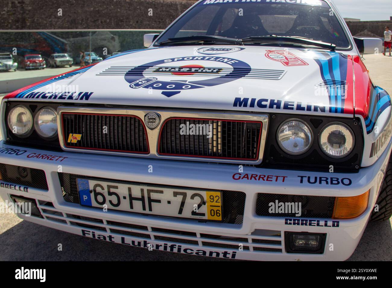 Close up of the front of a white lancia delta hf integrale evo martini ...