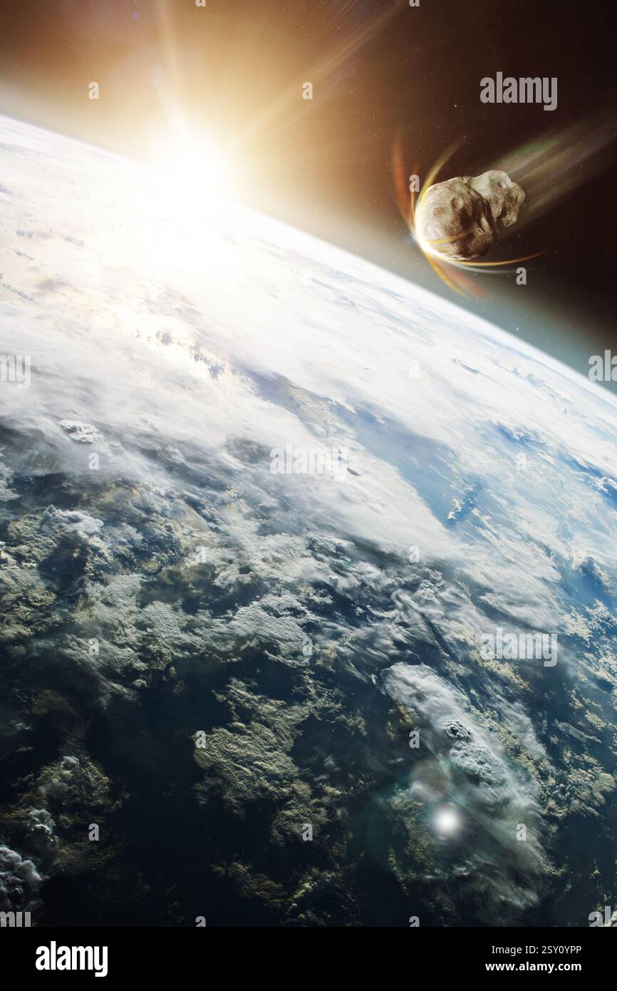 Planet Earth and big asteroid in outer space. Meteorite in outer space ...