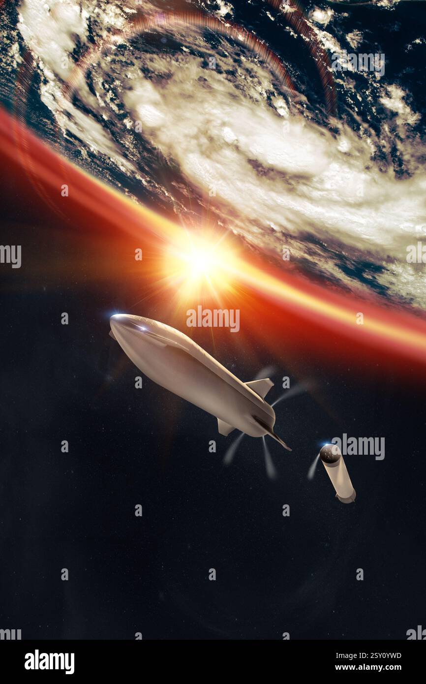 Starship take off in low-Earth orbit with sun light. Elements of this ...