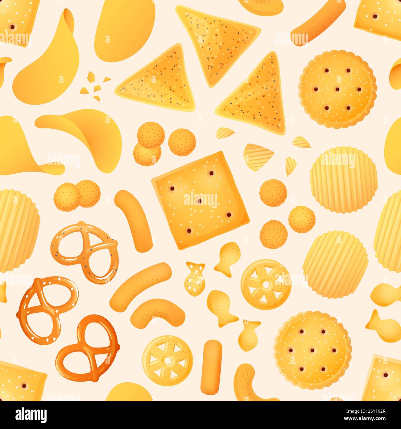 Cartoon salty snacks seamless pattern. Crispy chips, nachos, pretzels ...
