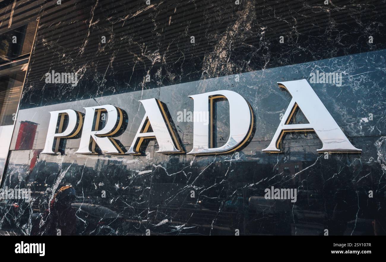 Almaty, Kazakhstan - February 21, 2025: Prada logo on the marble facade ...