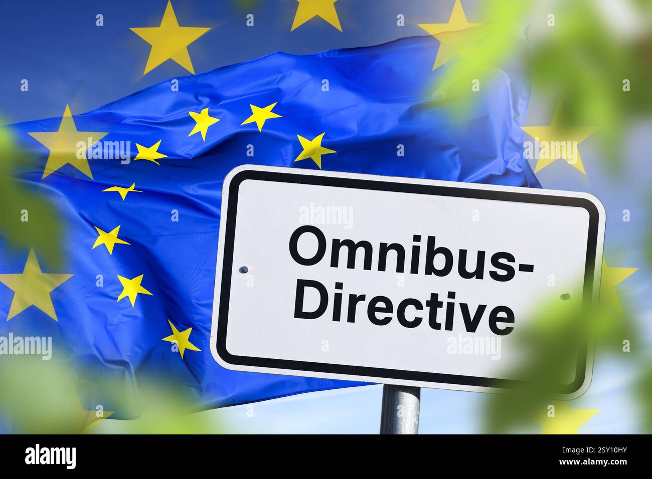 FOTOMONTAGE, Schild mit Aufschrift Omnibus Directive vor EU-Fahne *** FOTOMONTAGE, sign with the ...