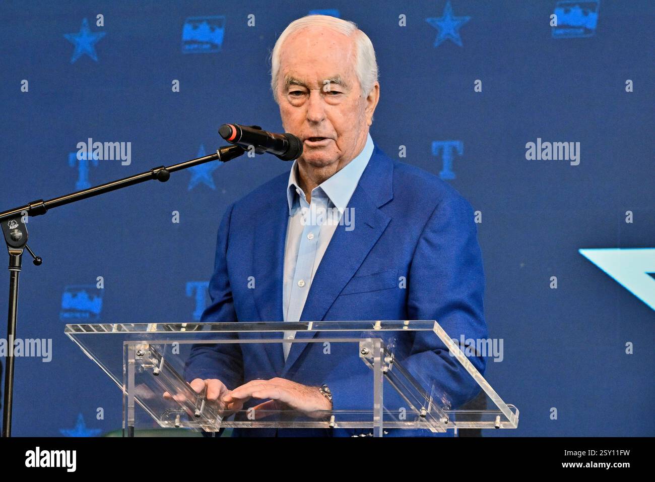 FILE - IndyCar owner Roger Penske speaks to the media during a news ...