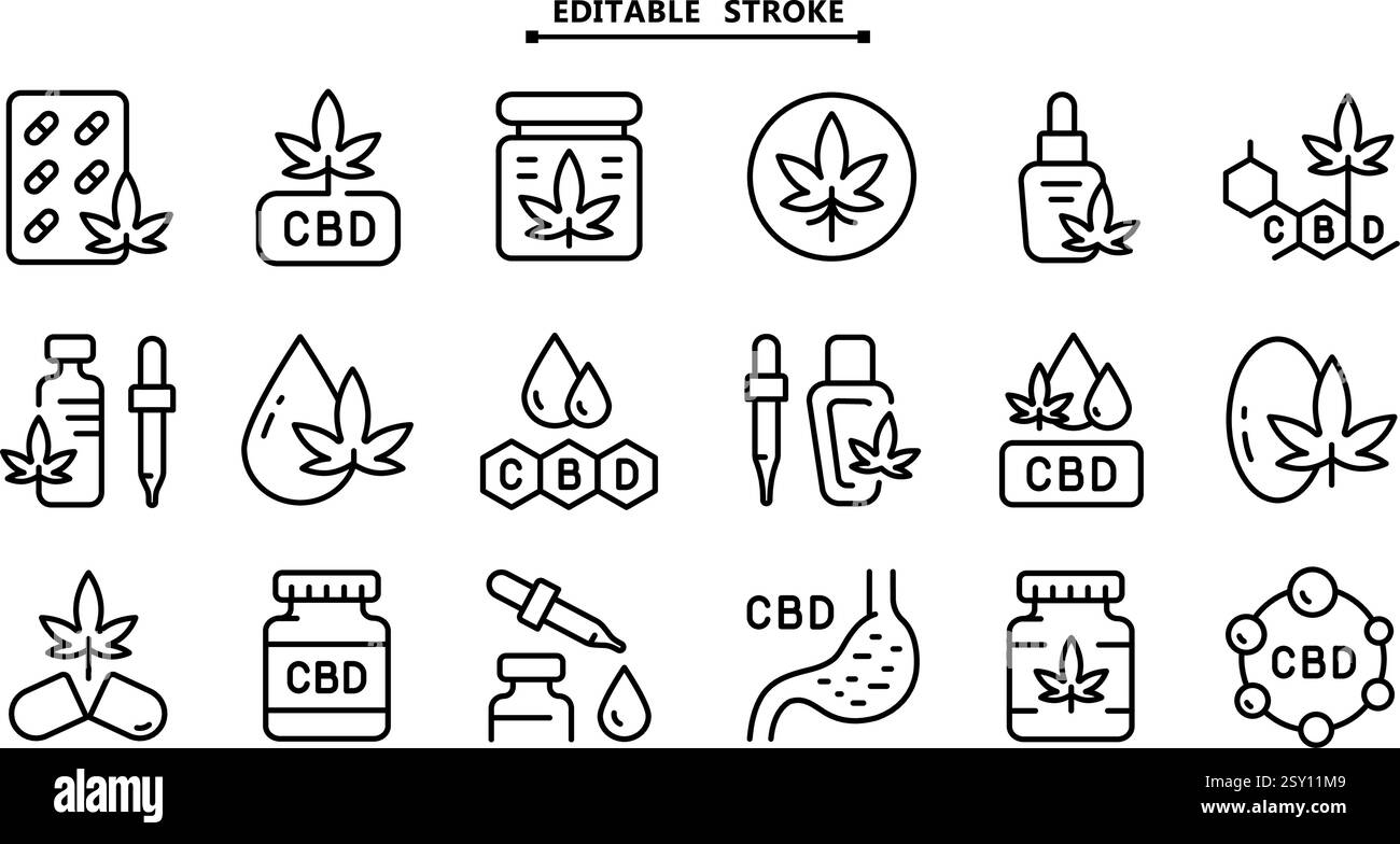 Cannabis leaf vector icons set. Editable stroke. Marijuana logo symbols ...