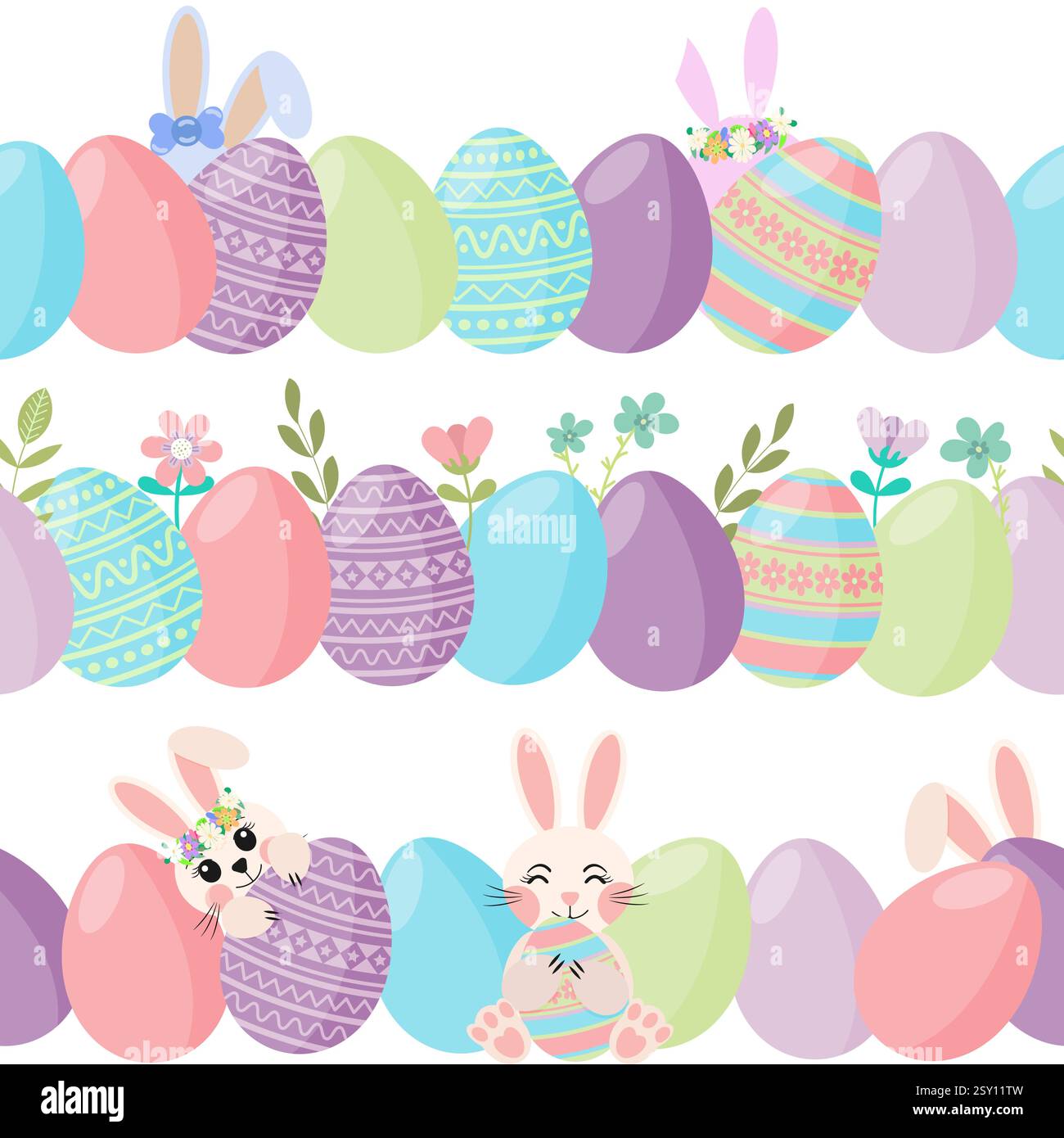 Easter Eggs with Bunnies Flowers Seamless Borders Stock Vector Image ...