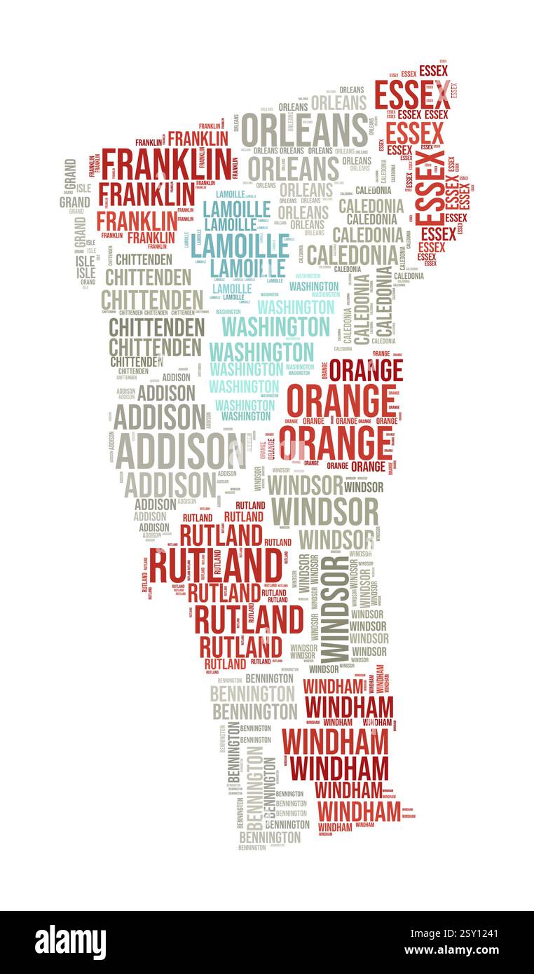 Vermont Word Cloud. State shape with county division. Vermont ...