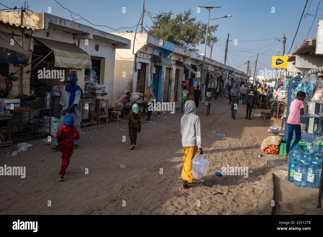 Street in the city center of Cayar, in the Thies region of Senegal, on ...