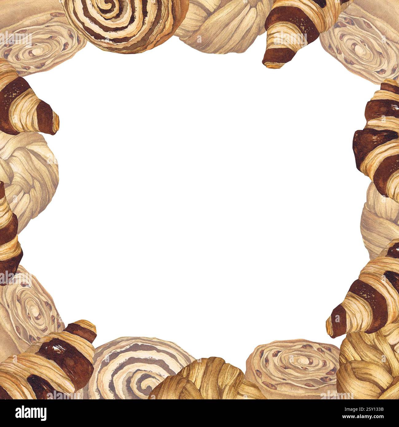 Watercolor frame with pastries baking. Hand painted clip art on a white ...