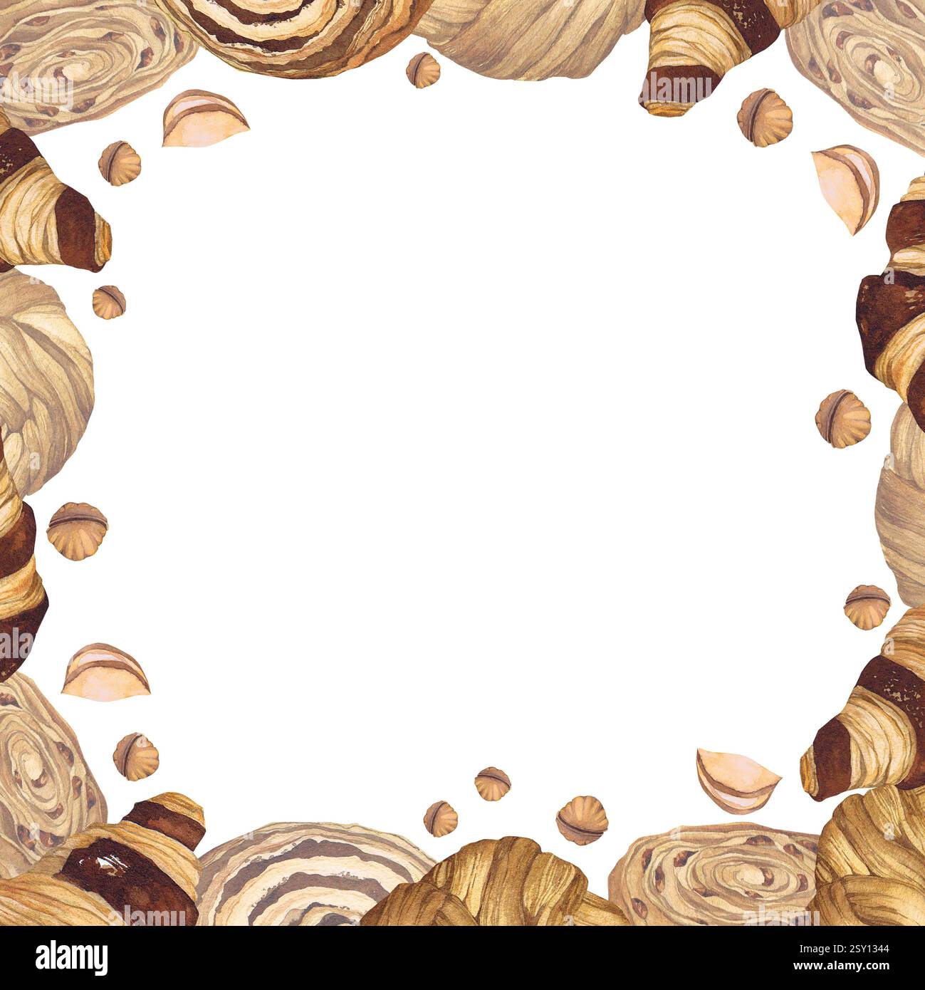 Watercolor frame with pastries baking. Hand painted clip art on a white ...
