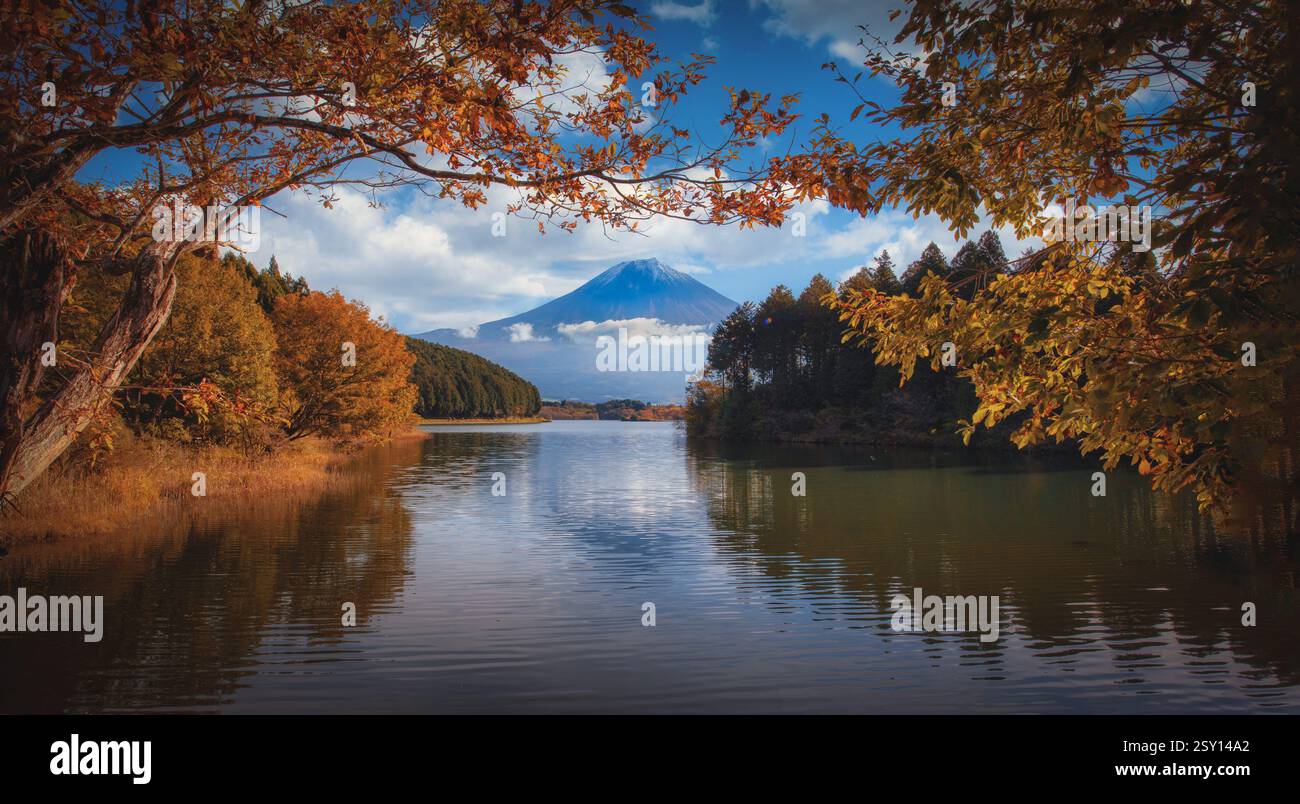 Mt. Fuji over Lake Tanuki with autumn foliage at sunrise in Fujinomiya ...