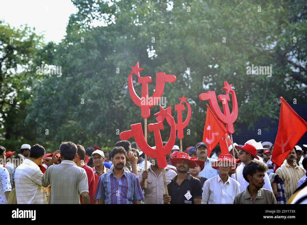 CPM Electioneering arrangement with Party flags and workers assembled ...