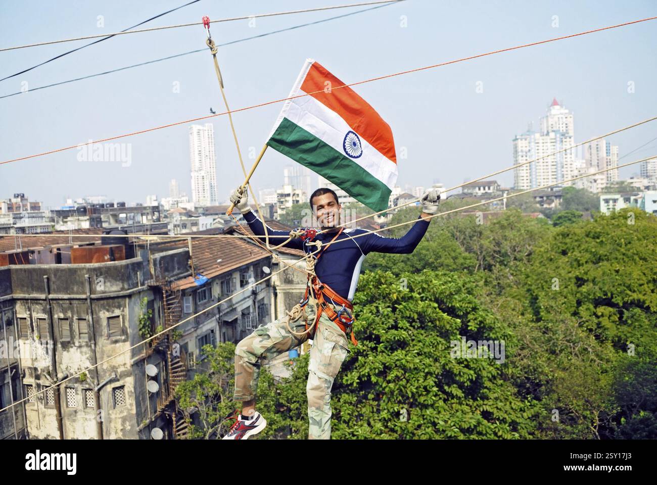 Gaurav sharma crossing between two buildings on rope, Bombay, Mumbai ...