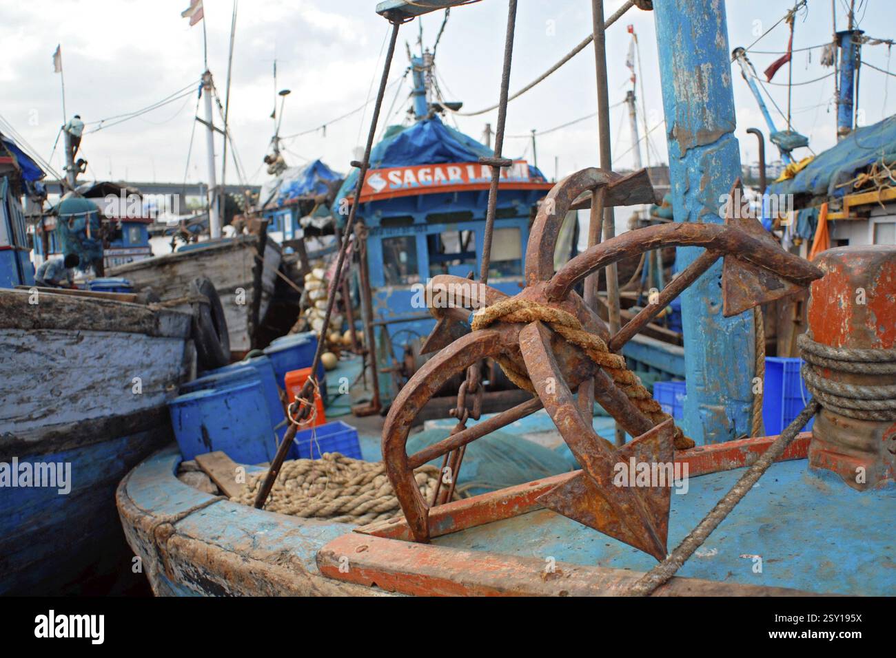 Fishing boats on anchorage at Panaji Panjim harbour, Goa, India, Asia ...