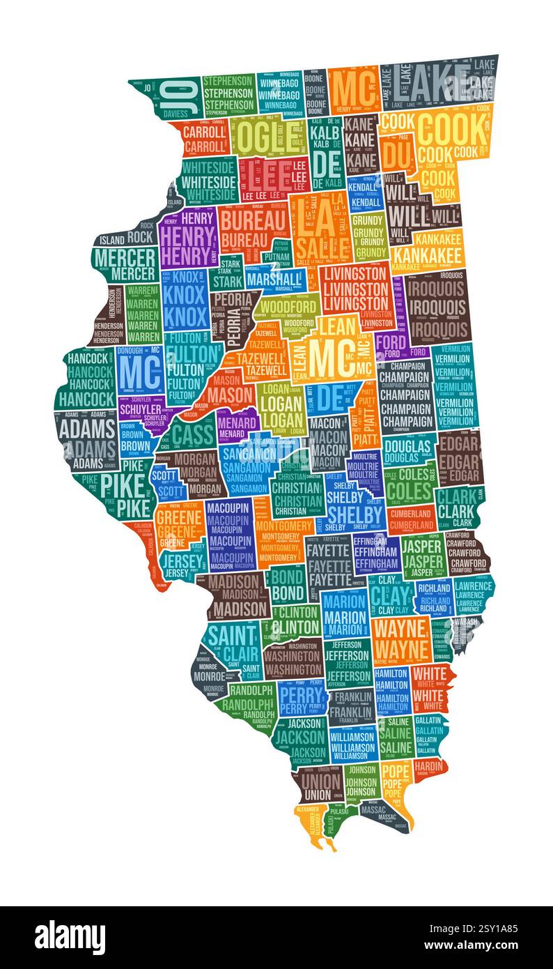 Illinois shape. State word cloud with county division. Illinois colored ...