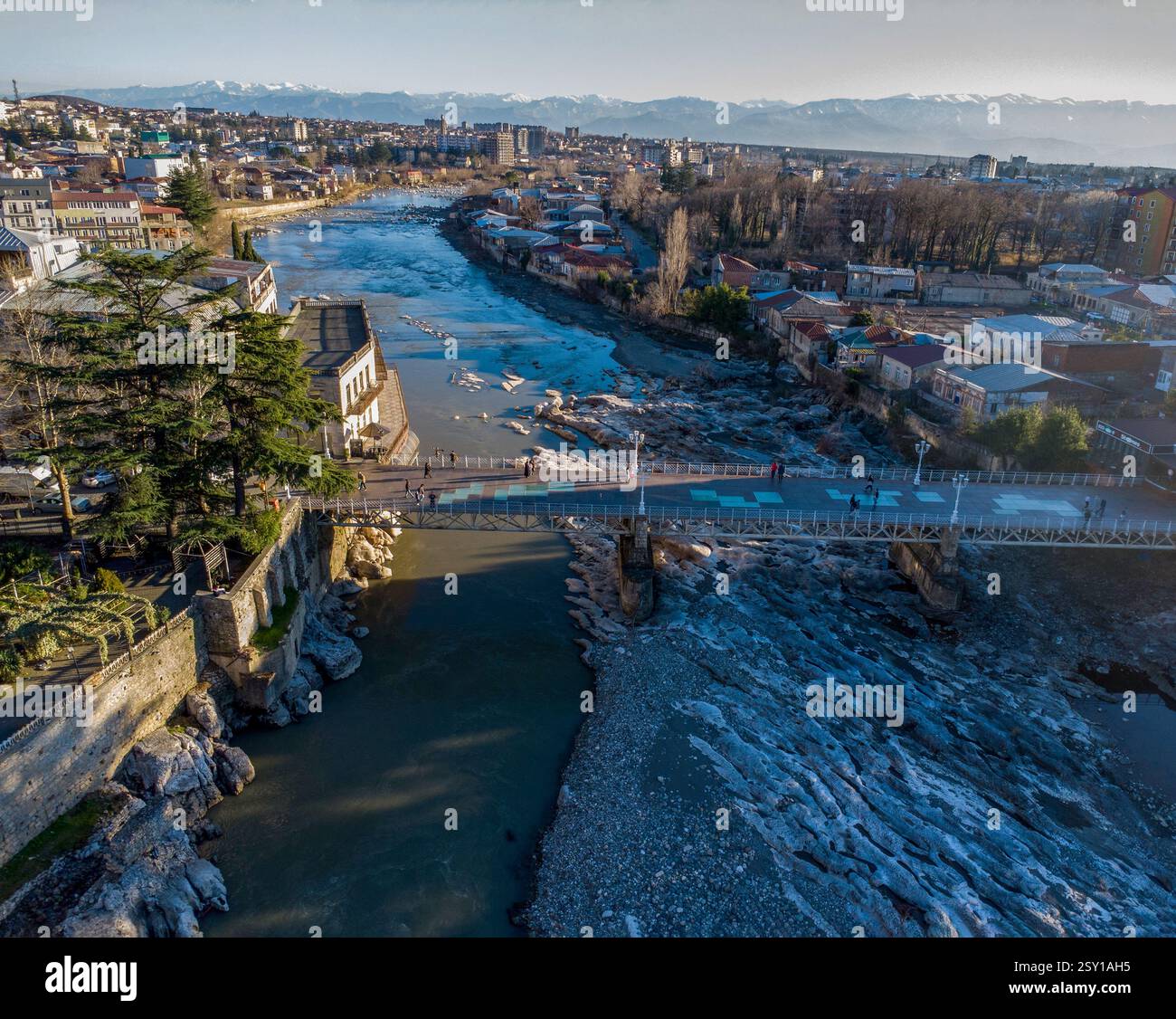 Drone point of view on White Bridge (pedestrian) over the Rioni River ...