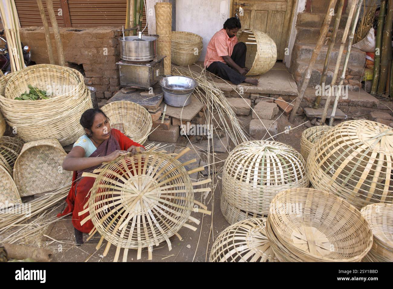 Woman making bamboo cane basket, bastar, chhattisgarh, india, asia ...